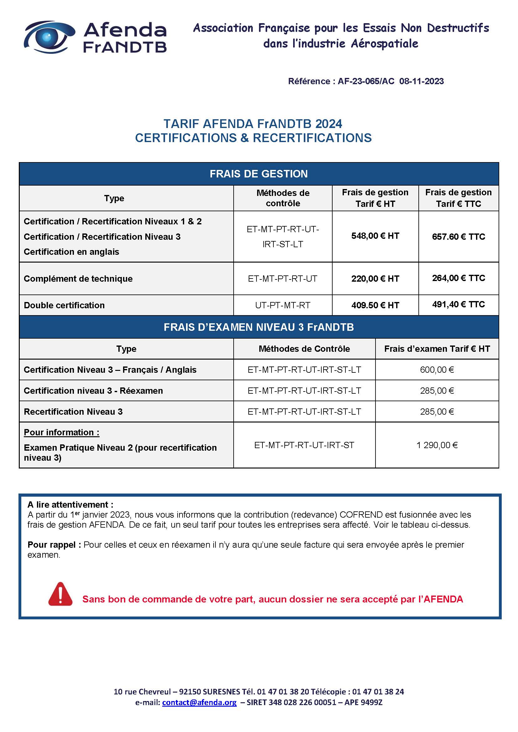 INSCRIPTIONS ET TARIFS - AFENDA FrANDTB